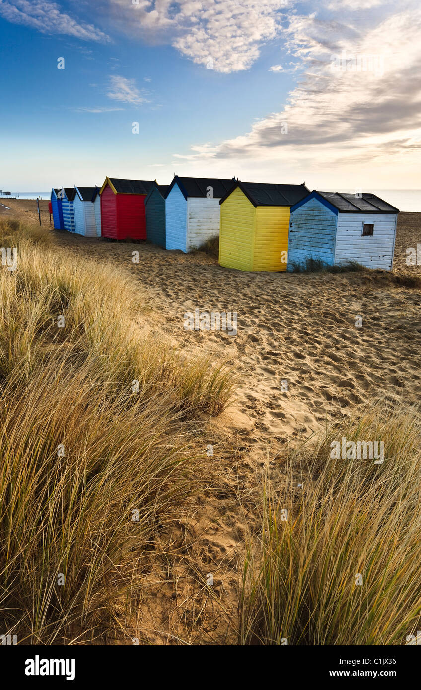 The beach huts at southwold viewed from the grassy sand dunes Stock ...