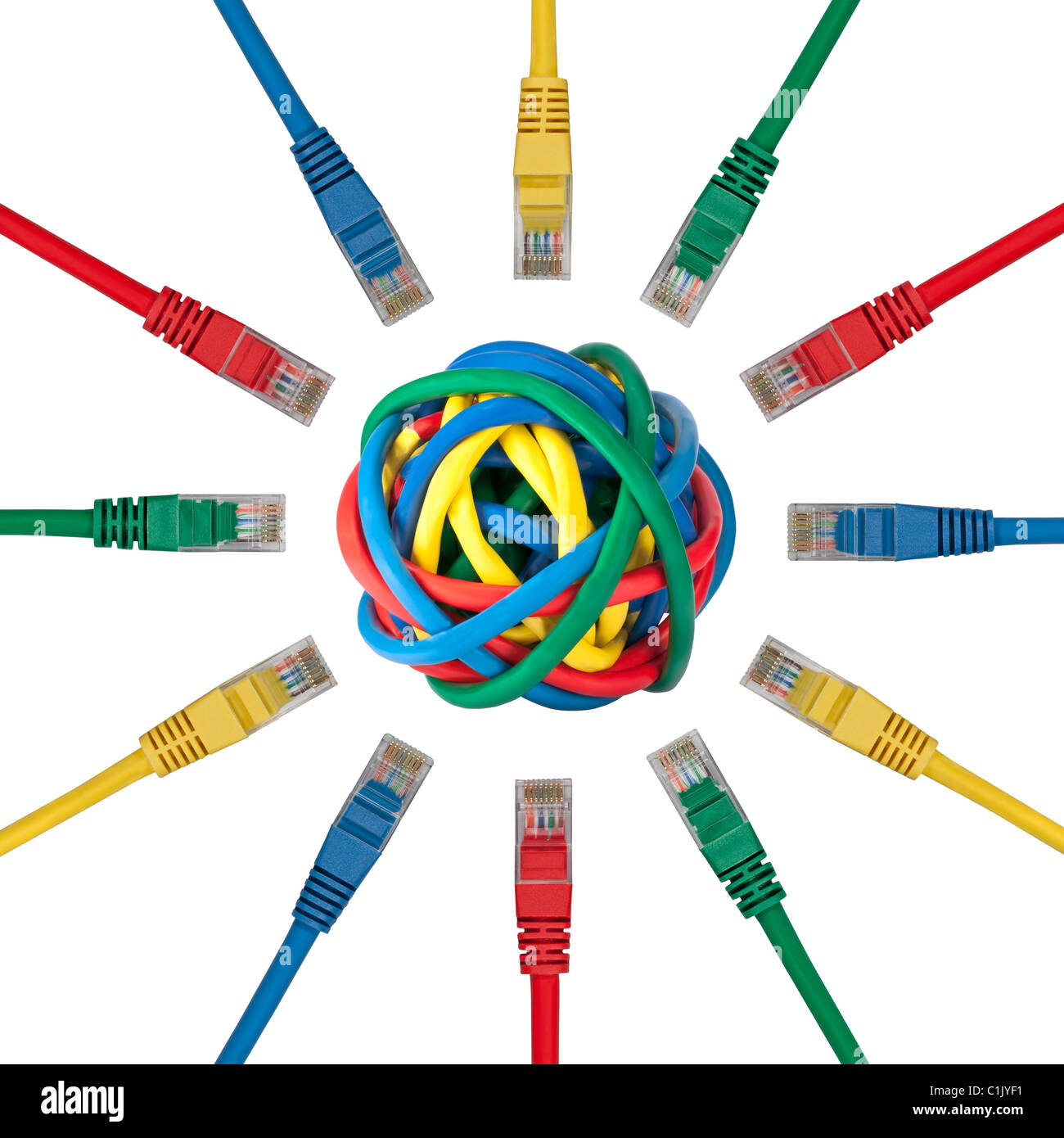 Network connection plugs pointing to a ball of colored cables Stock ...