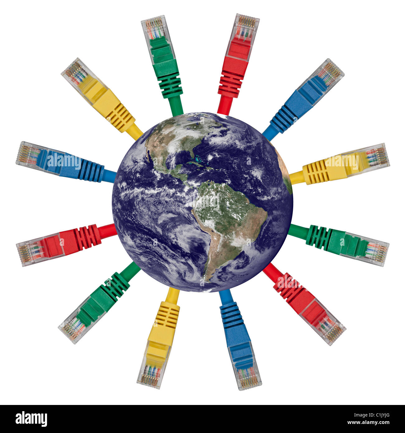 Earth's Western hemisphere with multi colored network connection cables ...