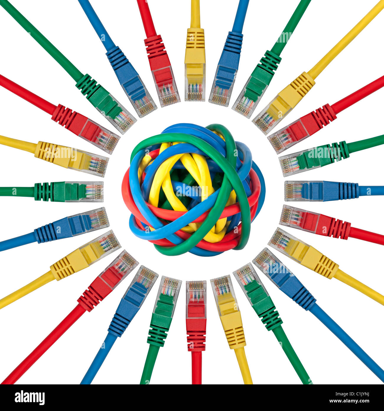 Ethernet Network connection cable plugs pointing to a ball of colored ...
