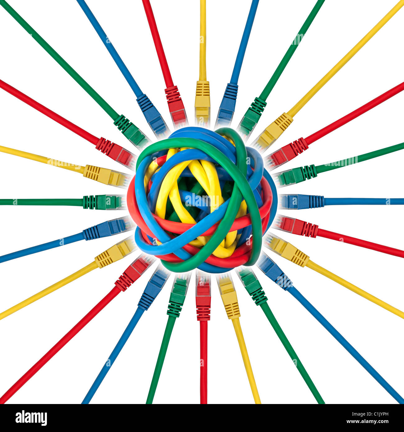 Ethernet Network connection cables plugs connected to a ball of colored ...