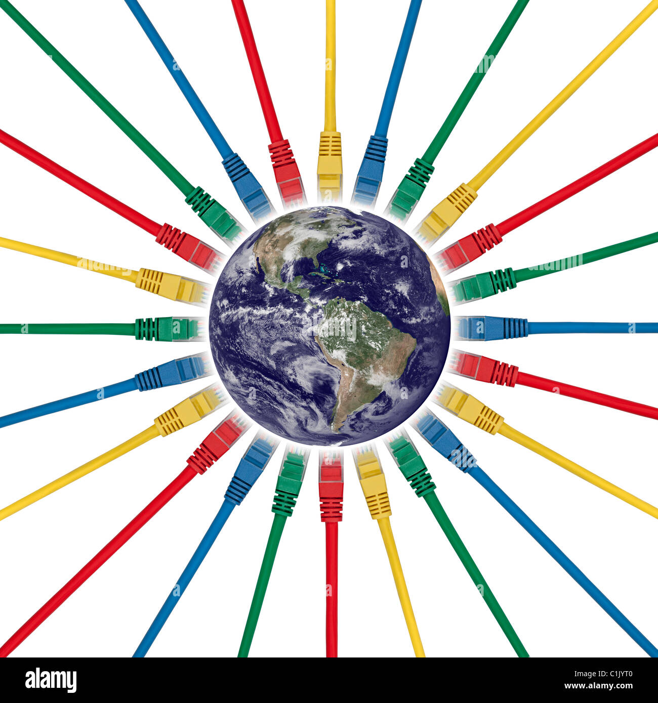 Network cable plugs connected to an Earth's western hemisphere Stock ...