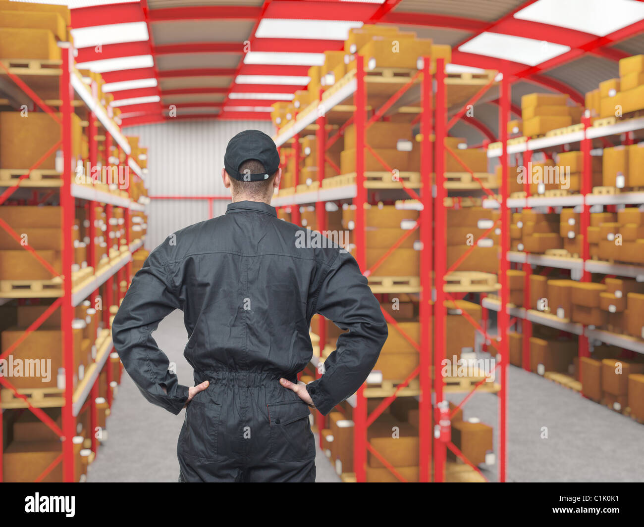 standing manual worker rear view in 3d warehouse Stock Photo - Alamy