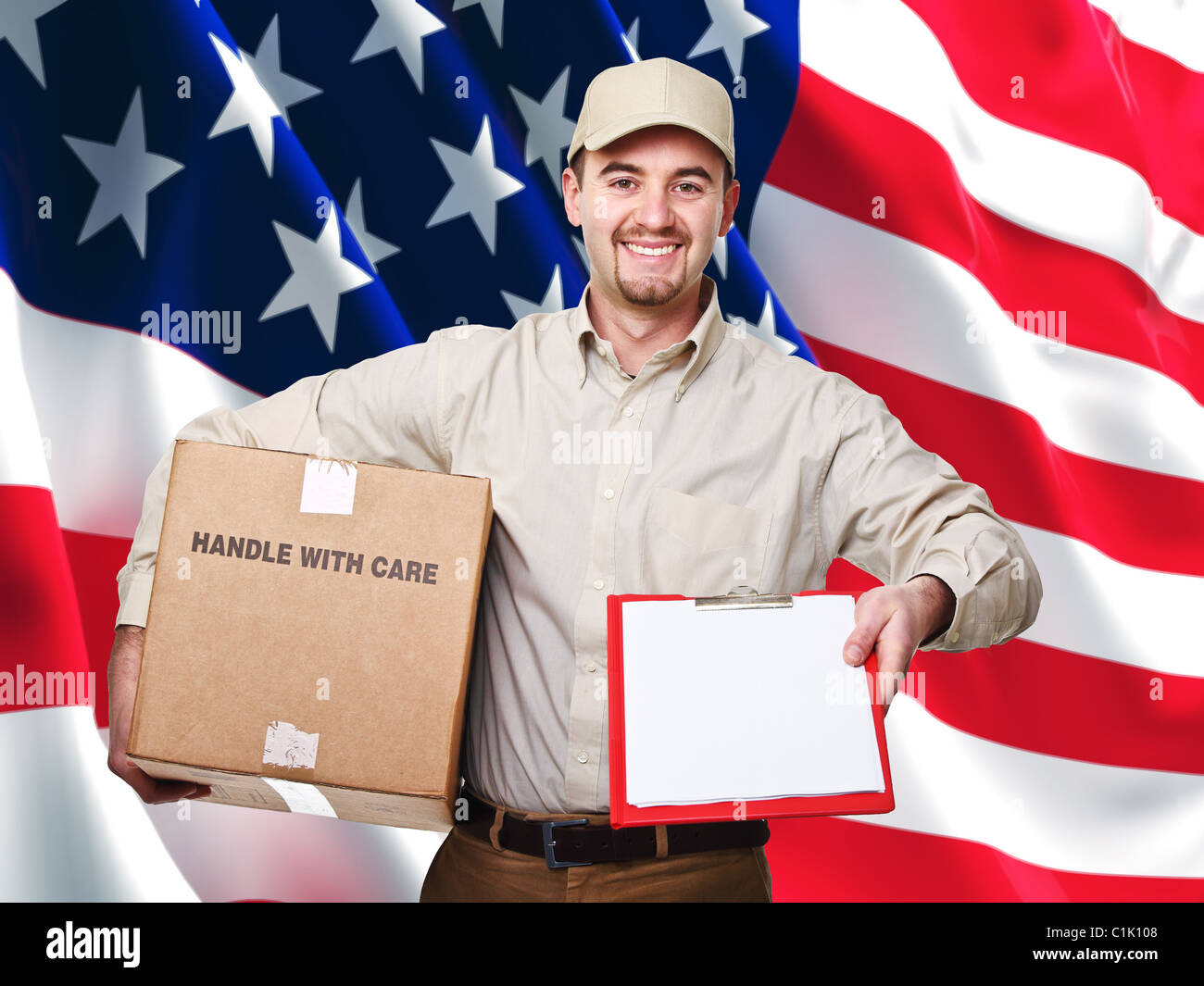 smiling american delivery man and 3d usa flag background Stock Photo ...