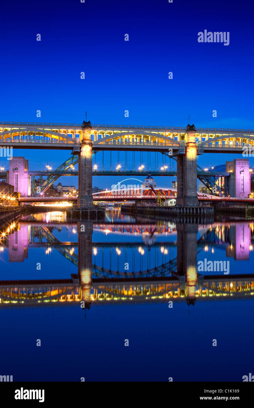 High Level Bridge and Tyne Bridges at Night - River Tyne - Newcastle ...
