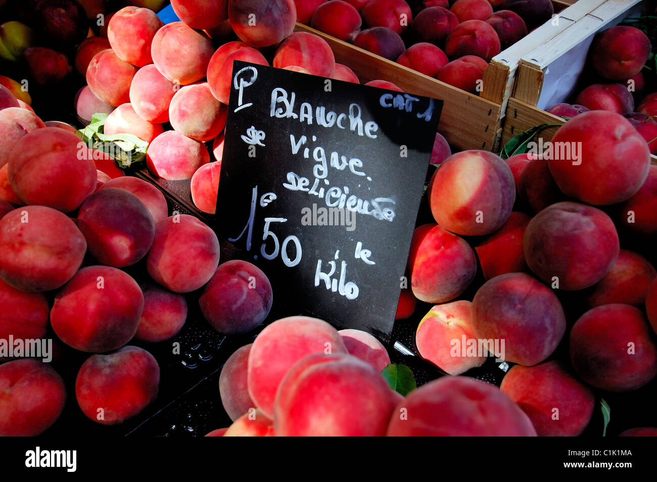 France, Bouches du Rhone, Aix en Provence, peaches on the market of the ...