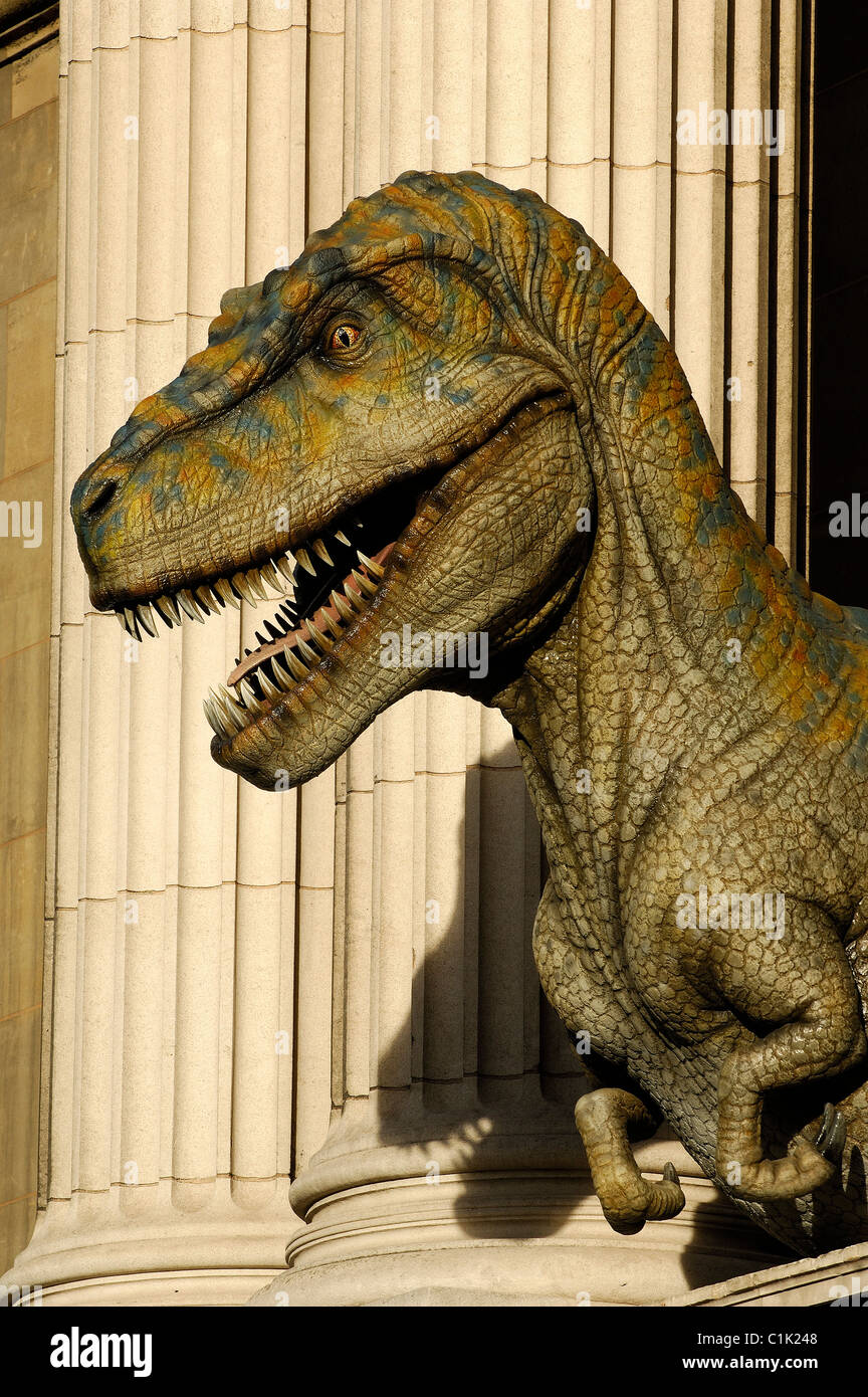 France Paris dinosaur appearing between the columns of the Grand Palais ...