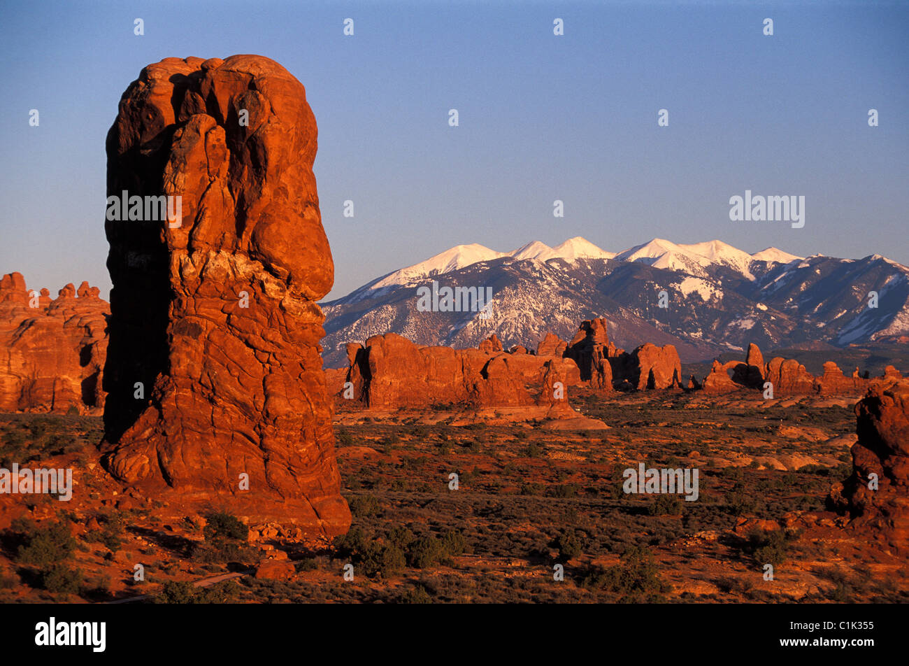 United States, Utah, Arches National Park, windows section, La Sal ...