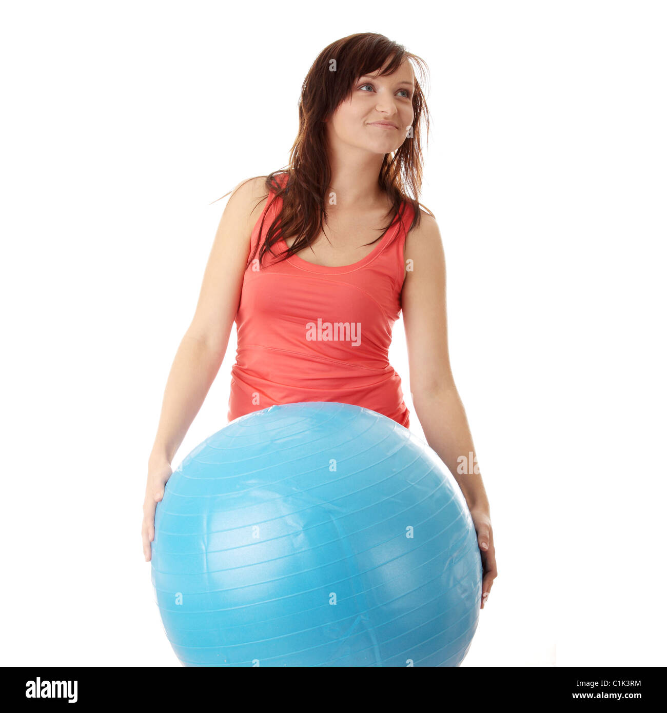 Young happy woman doing fitness exercise, isolated on white Stock Photo ...