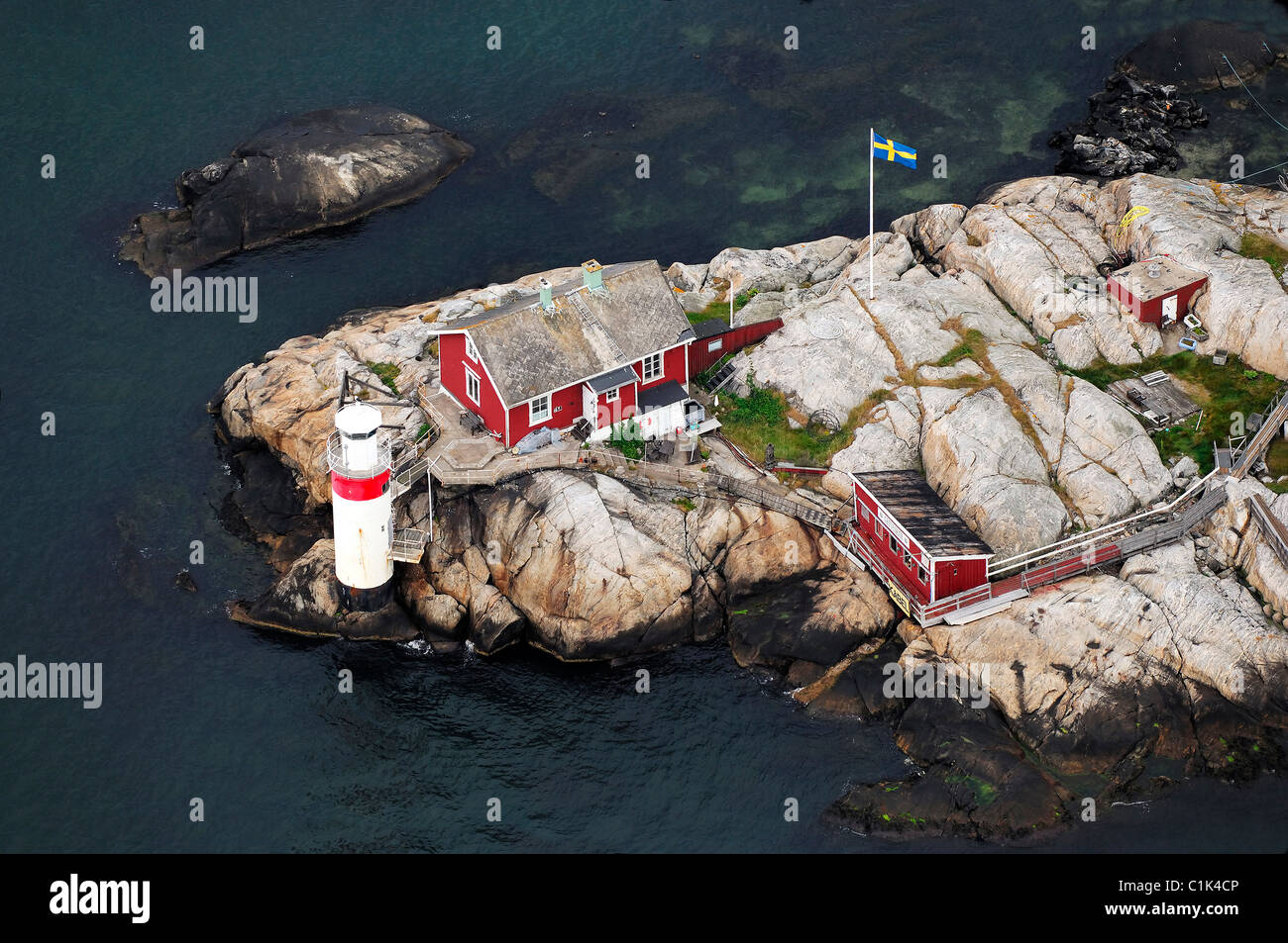Sweden, Göteborg archipelago, lighthouse and isolated house on Gäveskär ...