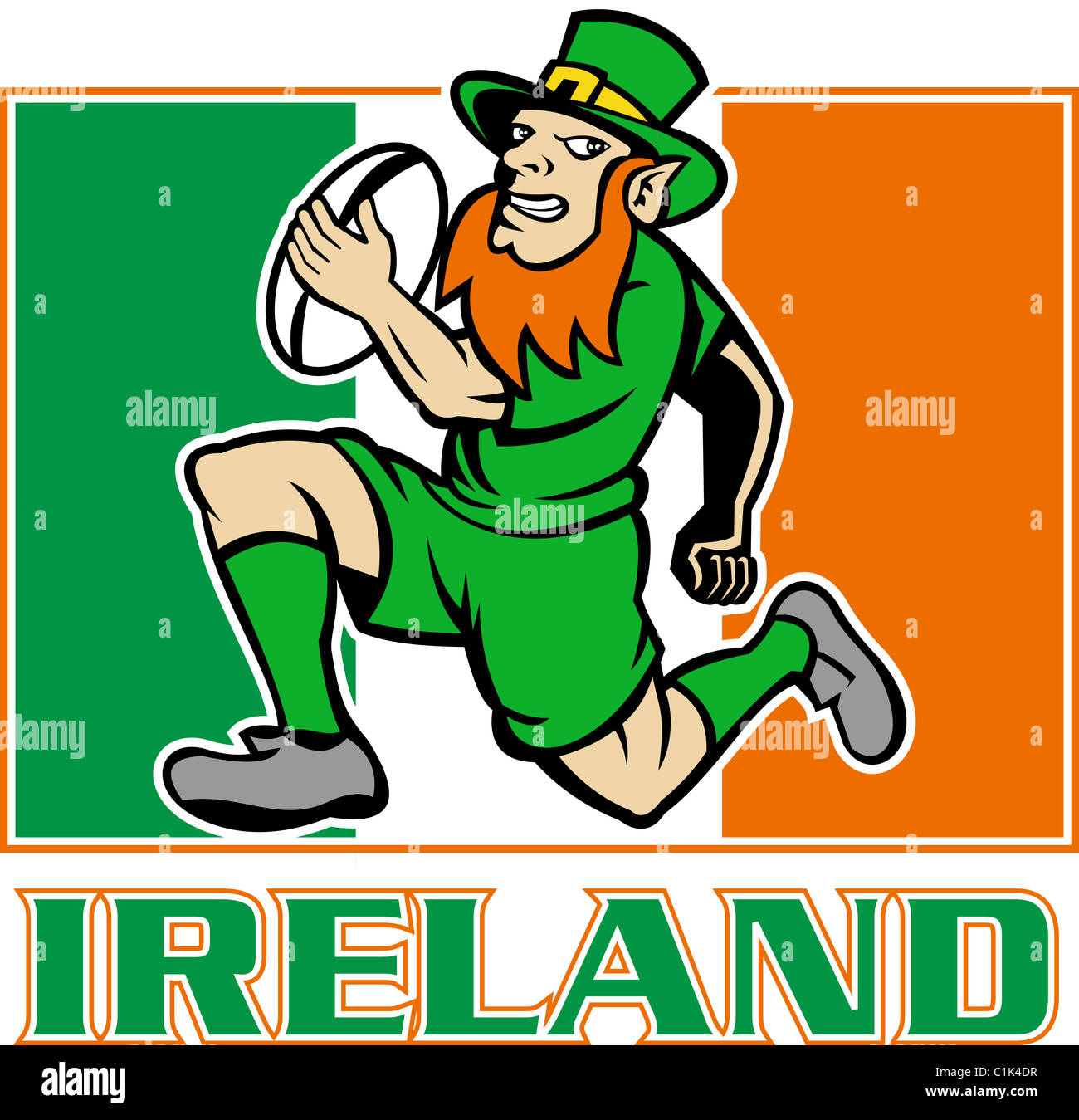 illustration of a cartoon Irish leprechaun or rugby player running with ...
