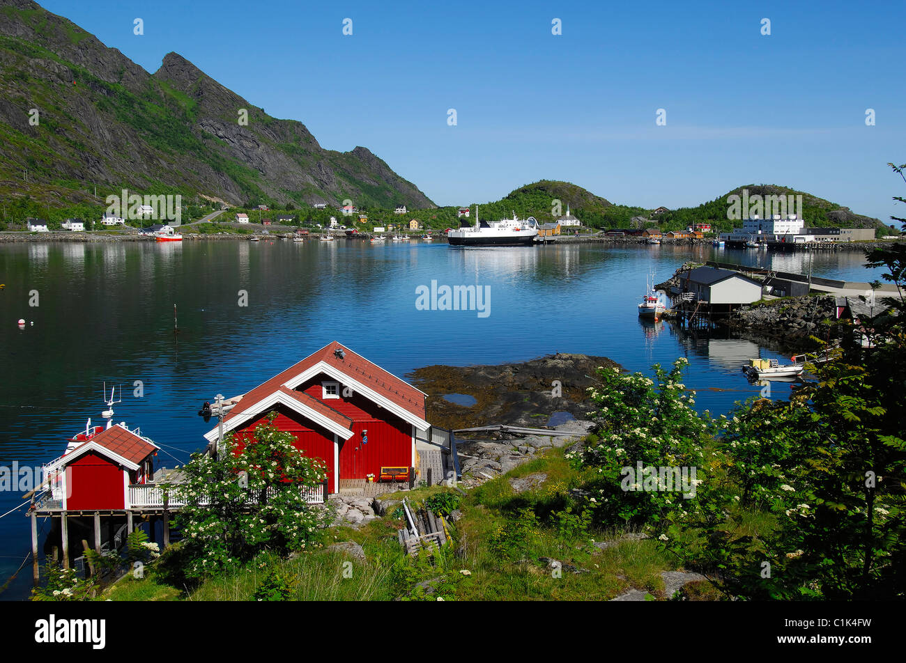 Norway, Nordland, Lofoten Islands, Moskenesoy Island, ferry in the ...