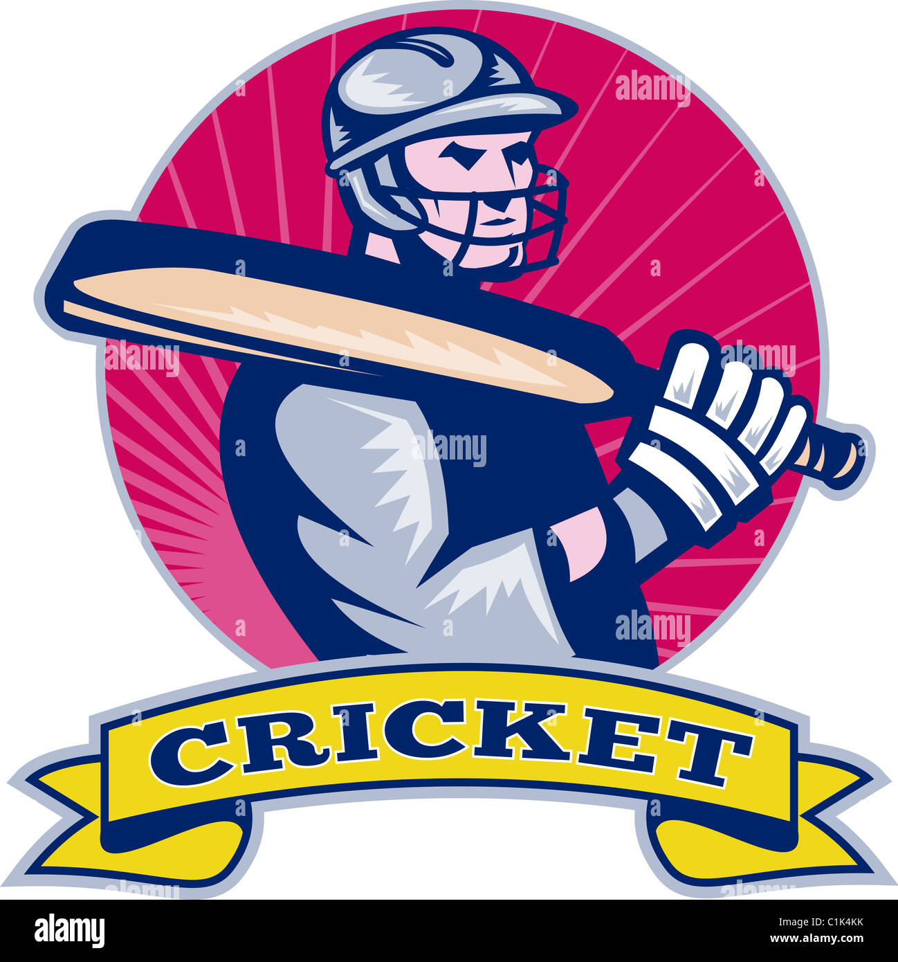 illustration of a cricket batsman with bat side view with sunburst in ...