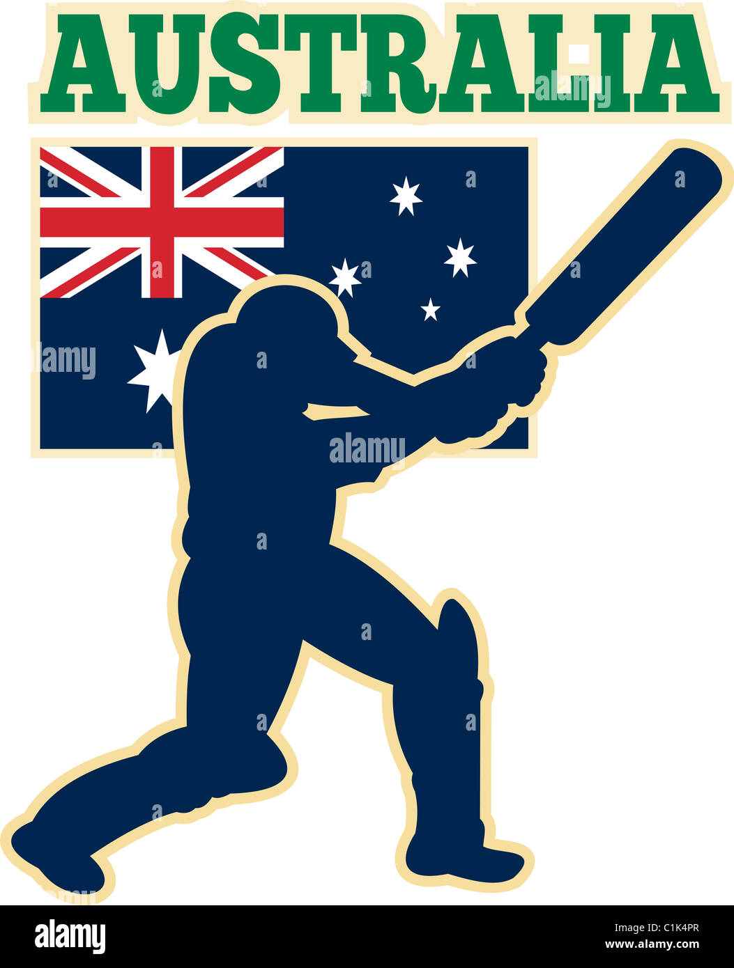 illustration of silhouette of cricket batsman batting front view with ...