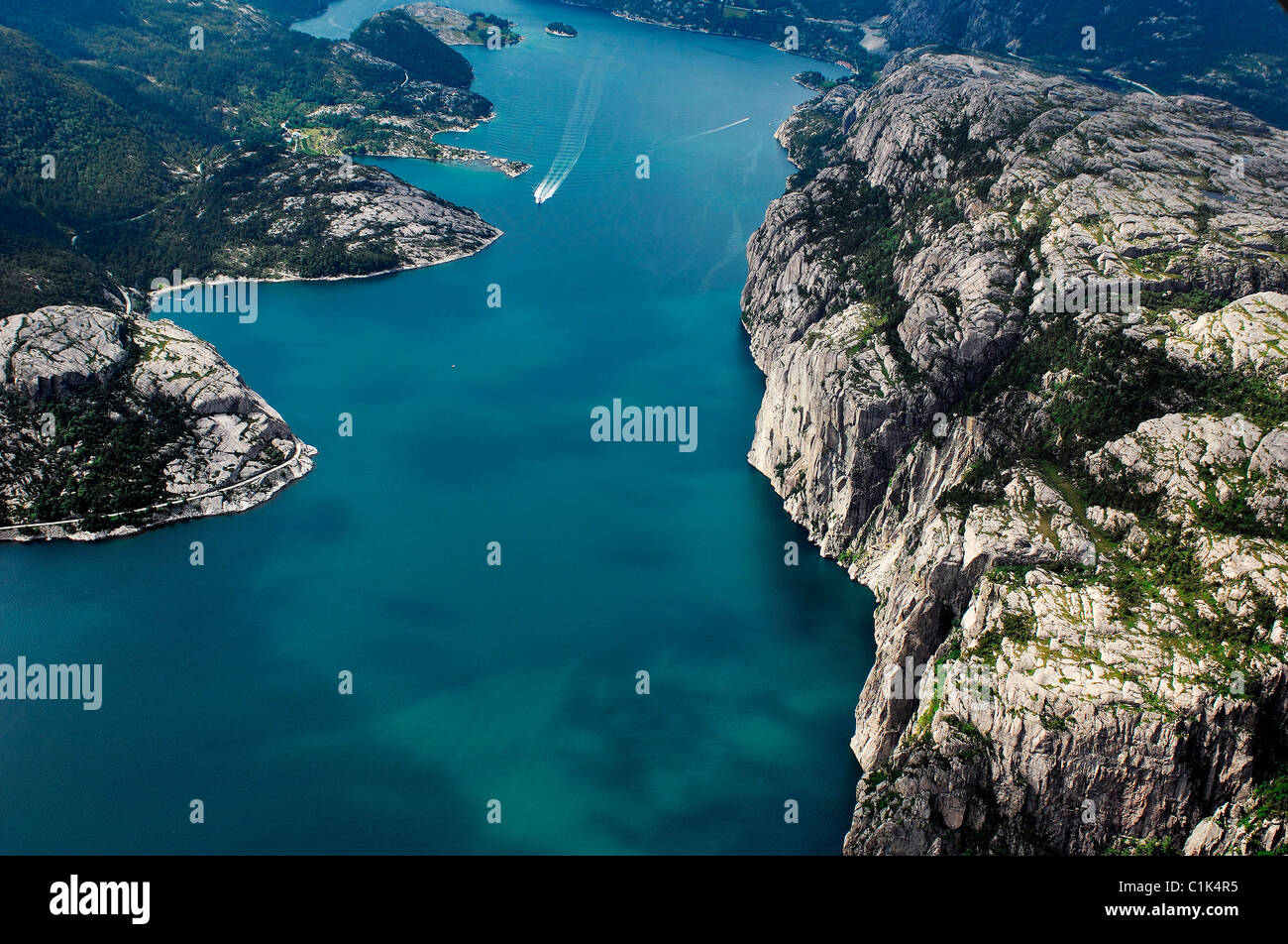 Norway, Rogaland, the Lysefjord, fjord of Lysebotn (aerial view Stock ...