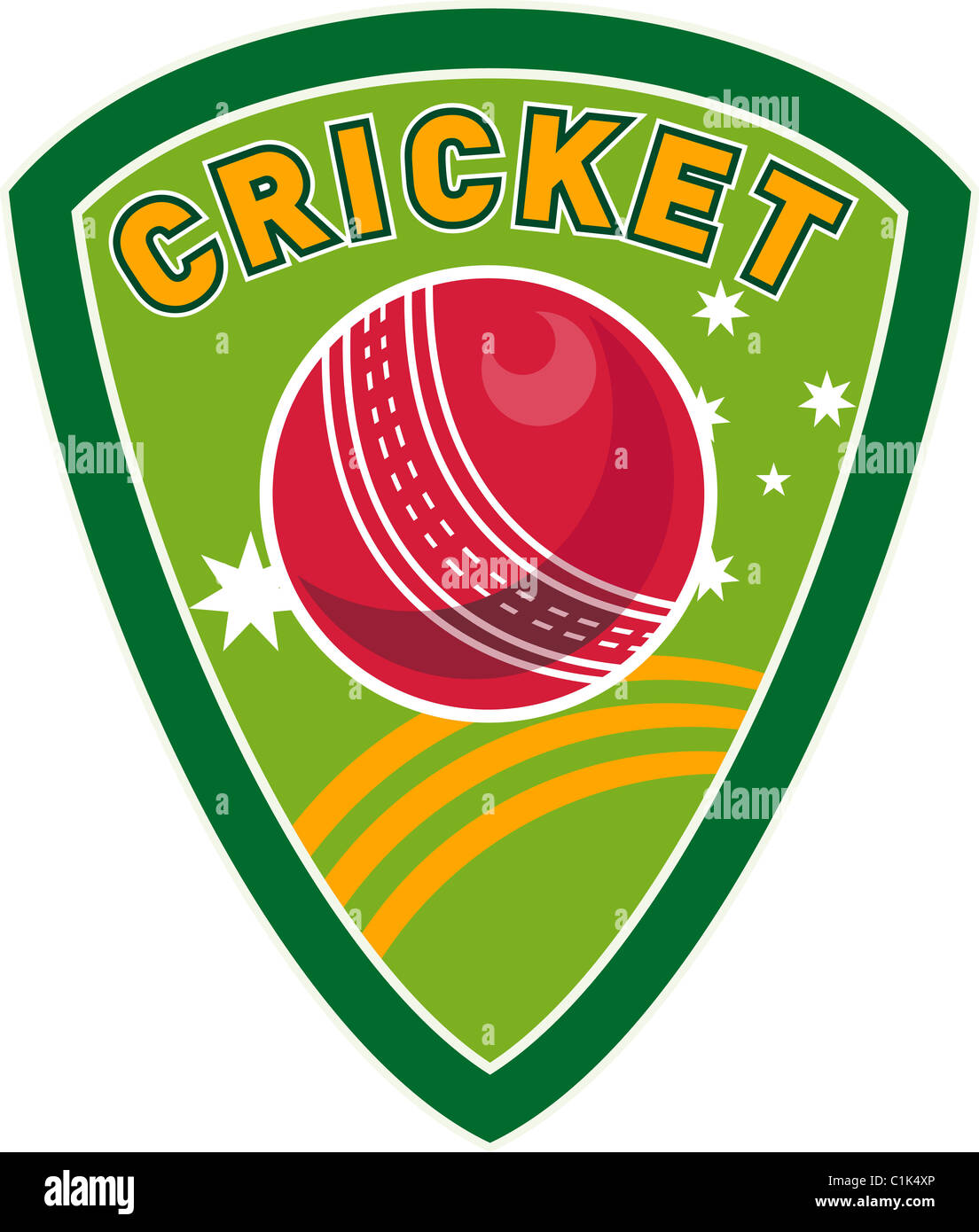 illustration of a cricket sport ball inside shield with stars and words ...