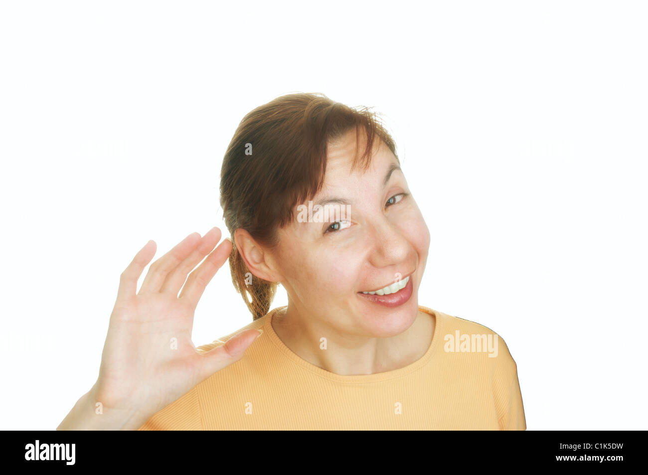 Happy woman waving hand. Isolated on white Stock Photo - Alamy
