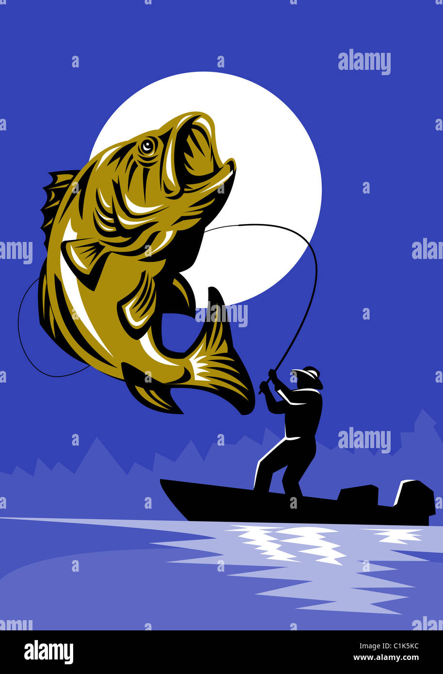 illustration of a Largemouth Bass Fish jumping being reeled by Fly ...