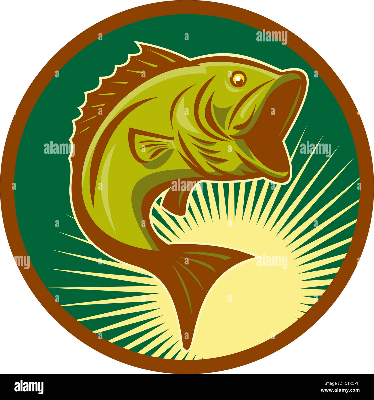 illustration of a largemouth bass fish jumping set inside circle with ...