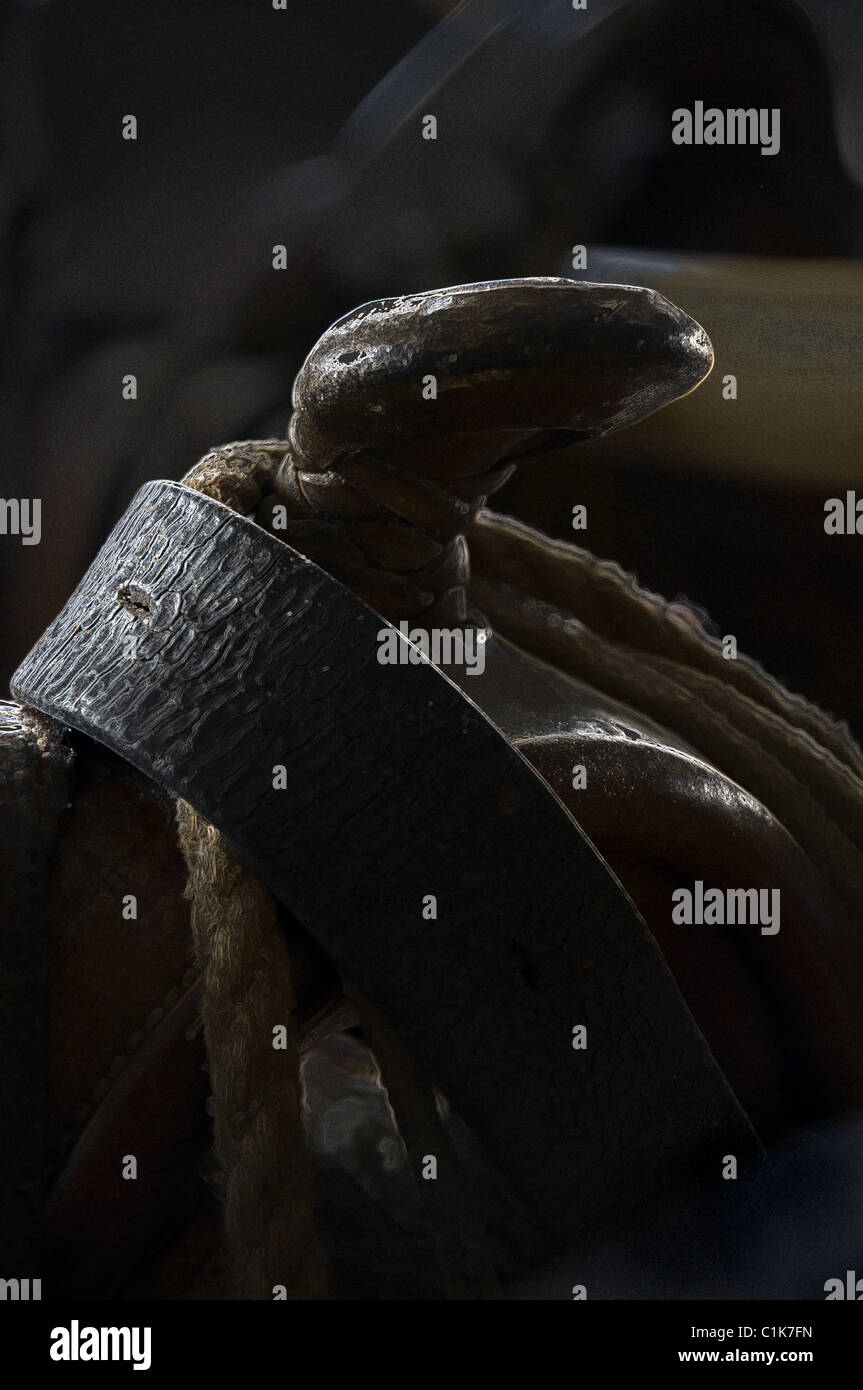 Antique western saddle with lasso and belt on saddle horn Stock Photo ...