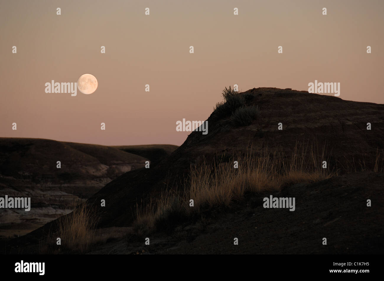 Canadian badlands at dusk with moon in background Stock Photo - Alamy