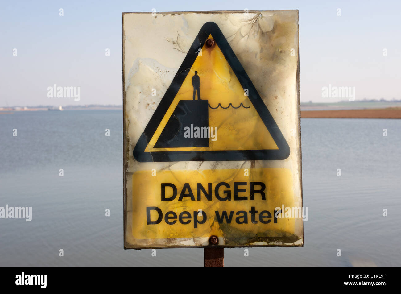 Danger deep water warning sign, reservoir, Essex, UK Stock Photo - Alamy