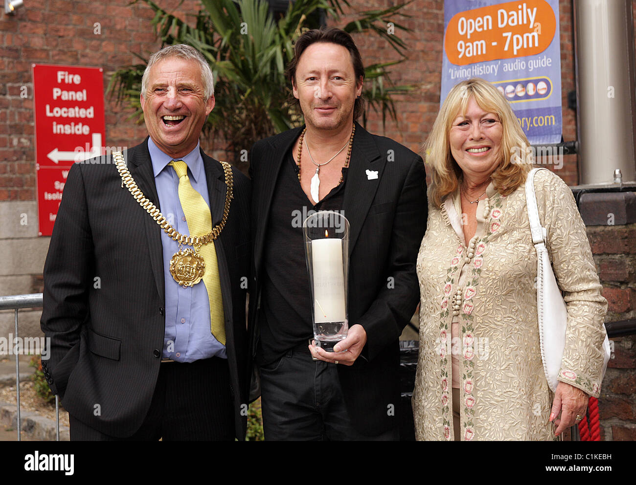 Julian and Cynthia Lennon and Liverpool Lord Mayor Mike Storey at the ...