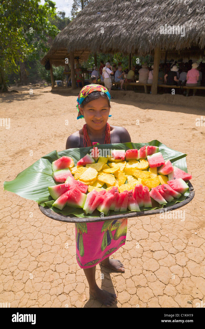 Girl of the Native Indian Embera Tribe offering fresh fruit, Embera ...