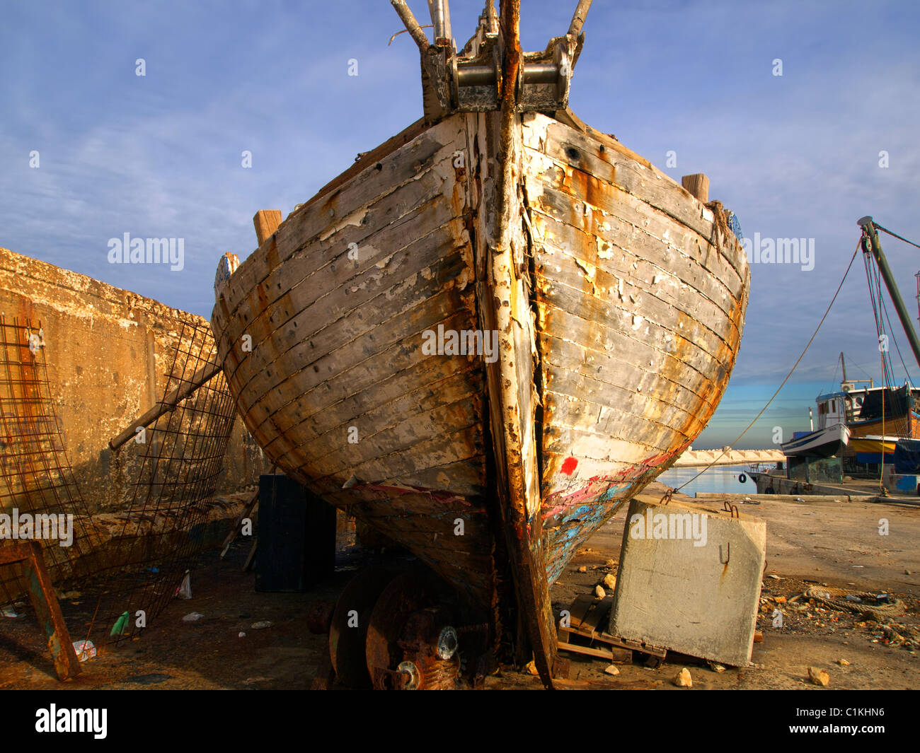 Israel, Tel Aviv-Jaffa, Old dilapidated boat at dry dock at the Jaffa ...