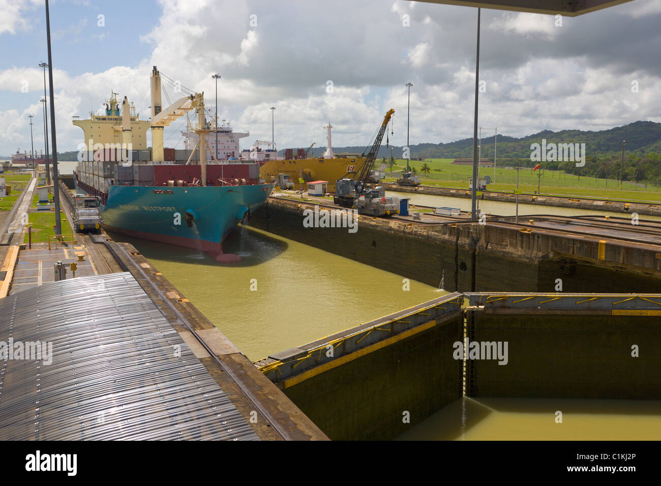 Container ship passing through Gatun Locks, Panama Canal, Panama Stock ...