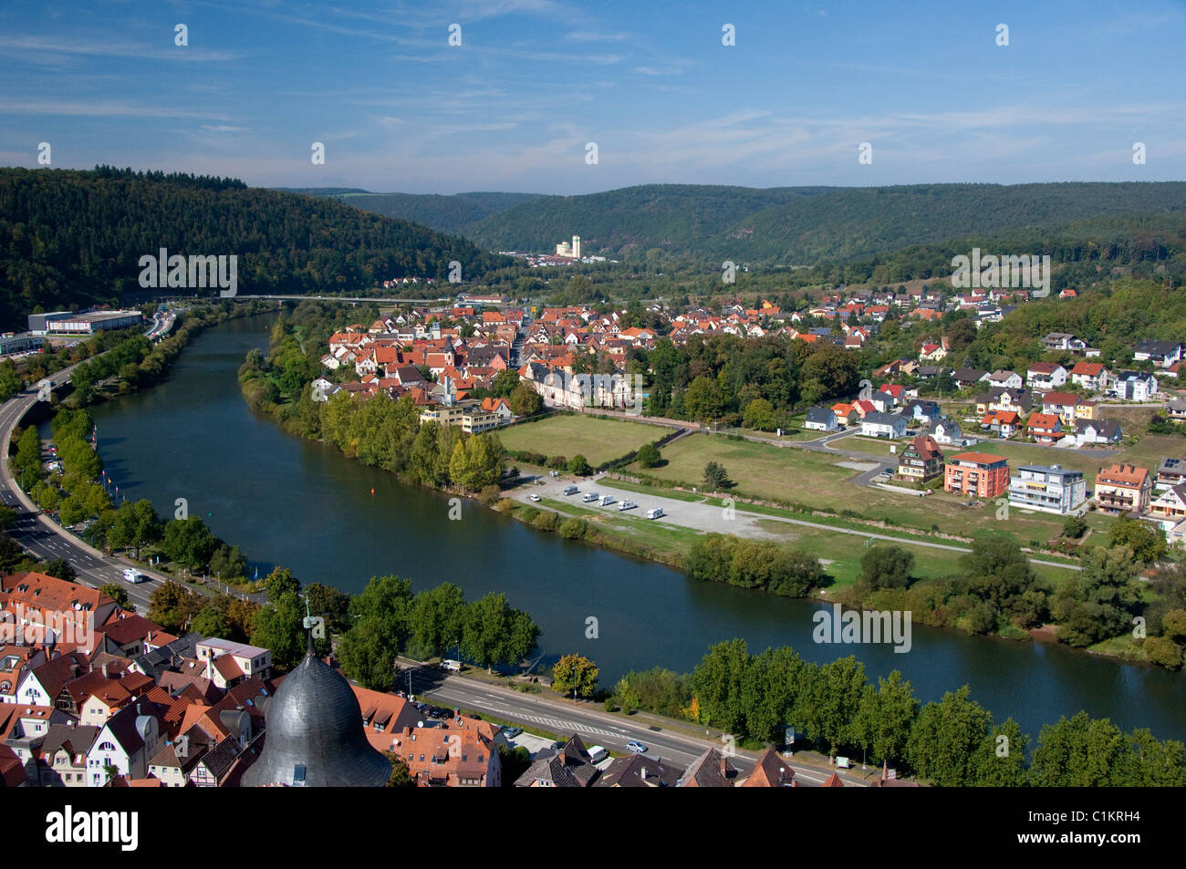 Germany, Wertheim. City overview near confluence of Tauber & Main River ...