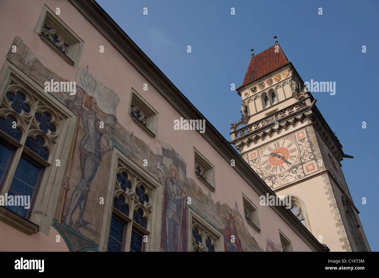 Germany, Bavaria, Passau. 14th century Gothic Town Hall clock tower ...