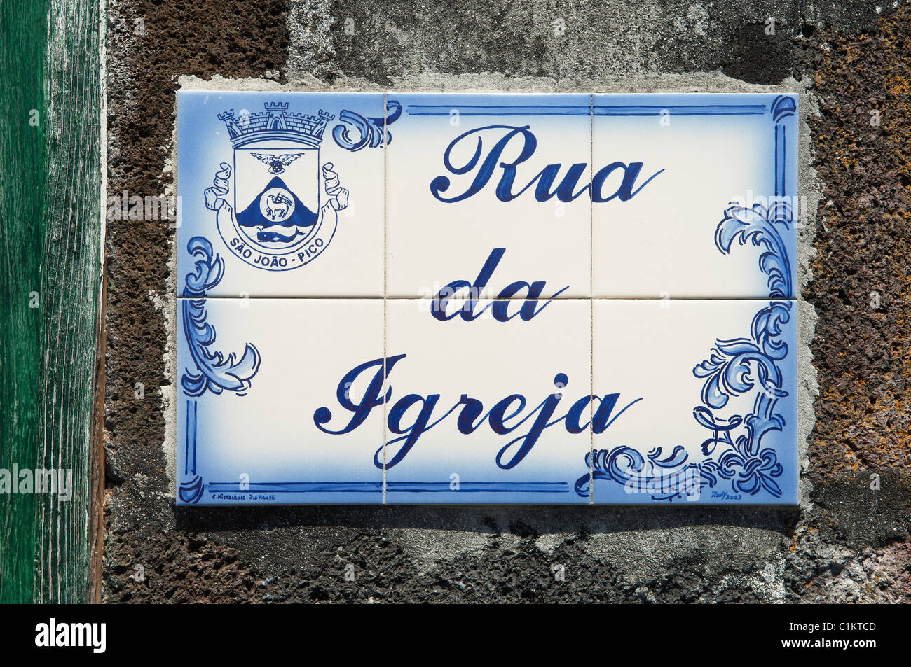 Street name sign made with traditional portuguese azulejo, Pico Azores ...