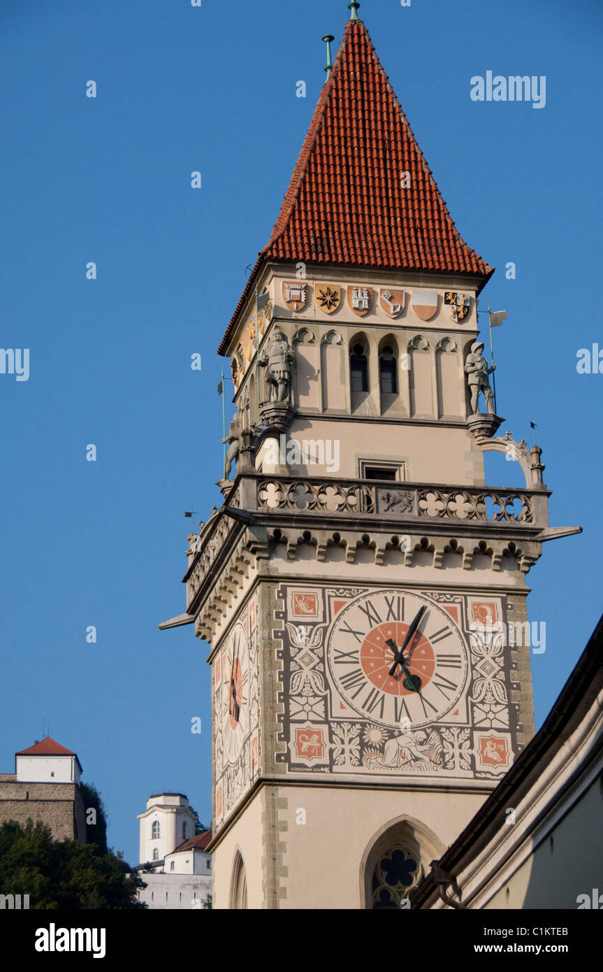 Germany, Bavaria, Passau. 14th century Gothic Old Town Hall clock tower ...
