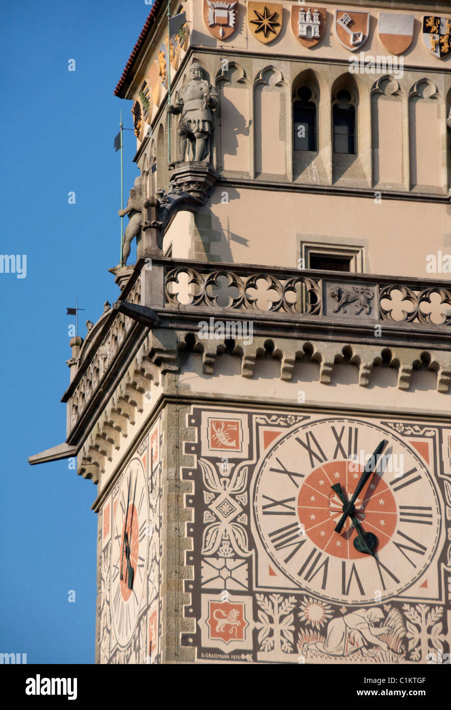 Germany, Bavaria, Passau. 14th century Gothic Old Town Hall clock tower ...