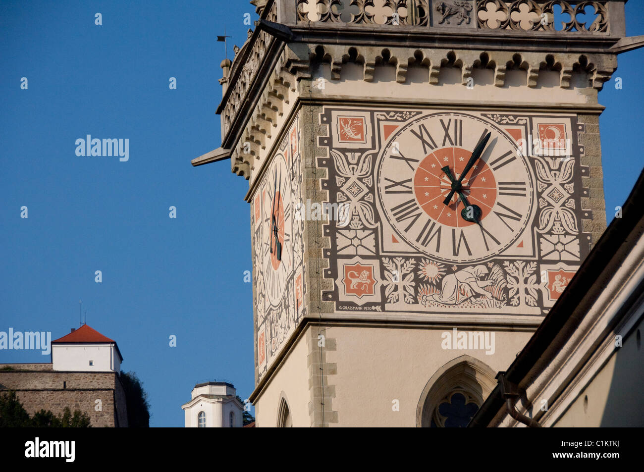 Germany, Bavaria, Passau. 14th century Gothic Old Town Hall clock tower ...