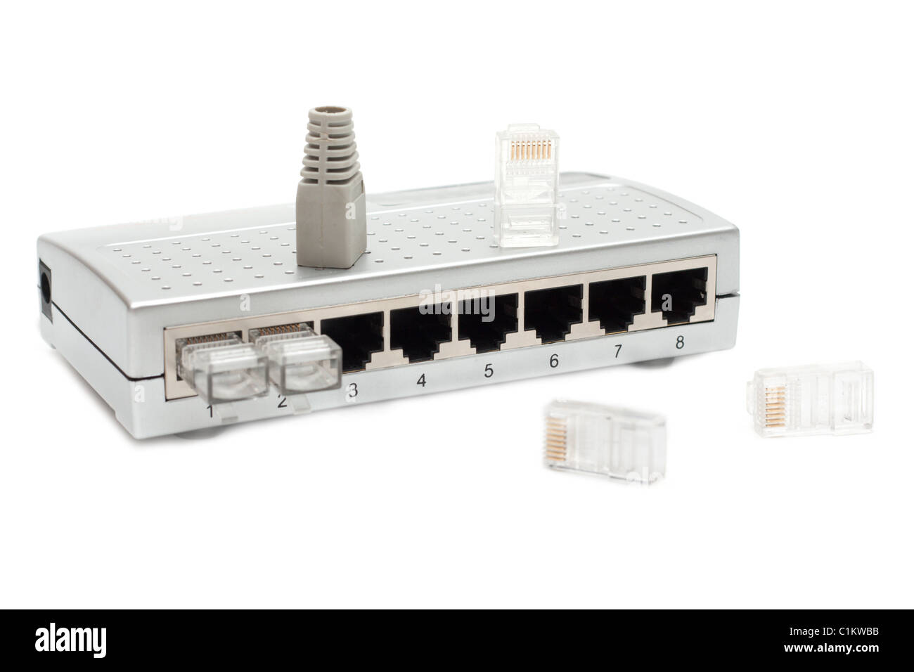 Eight port switch and connecters insulated on white background Stock ...