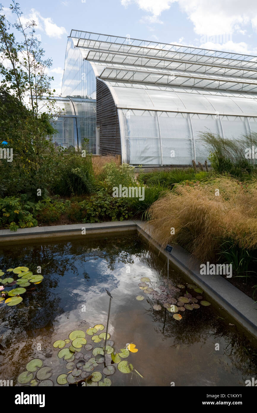 Looking over water feature / pond towards The Glasshouse at RHS ...