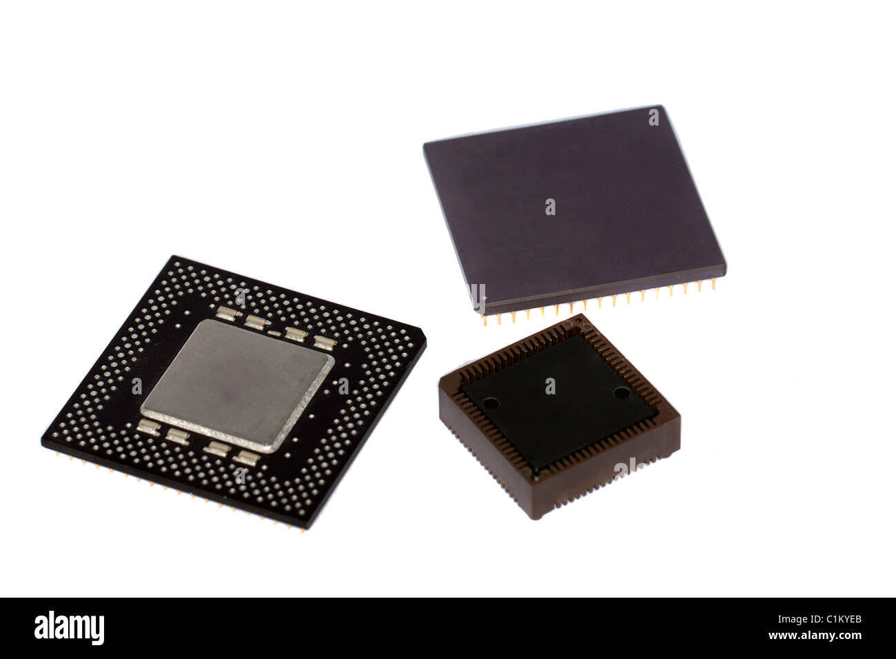 Close view detail of some computer microprocessors isolated on a white ...