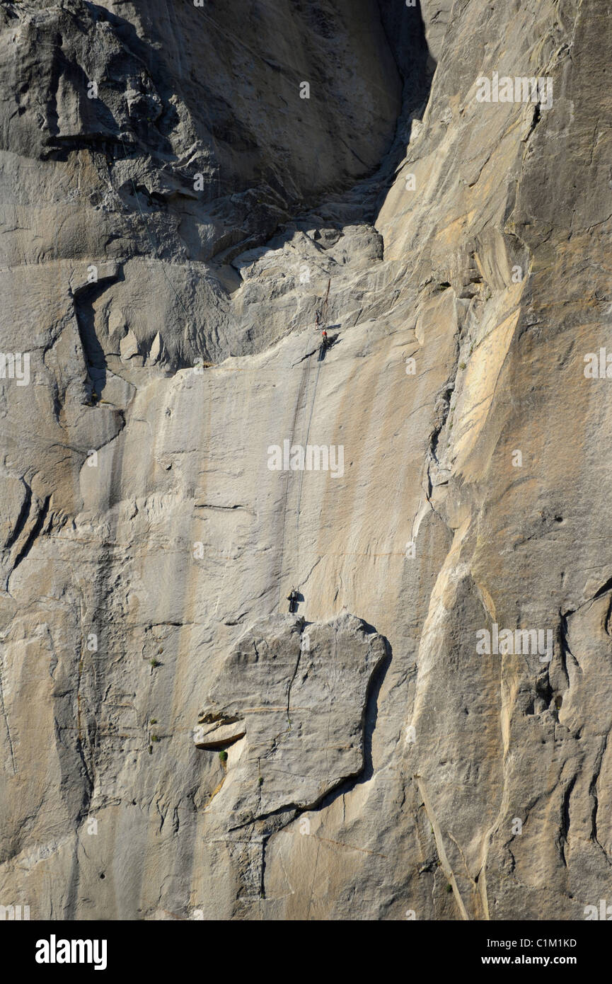 View of climbers hauling up climbing gear on El Capitan from Northside ...