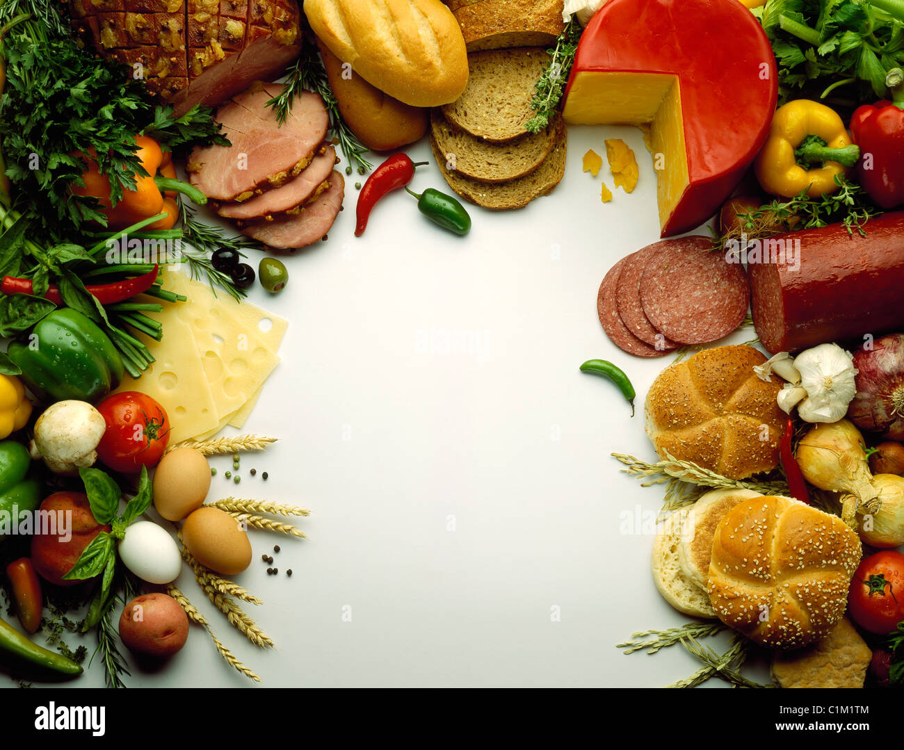Overhead view of a food spread including cheese and crackers Stock ...