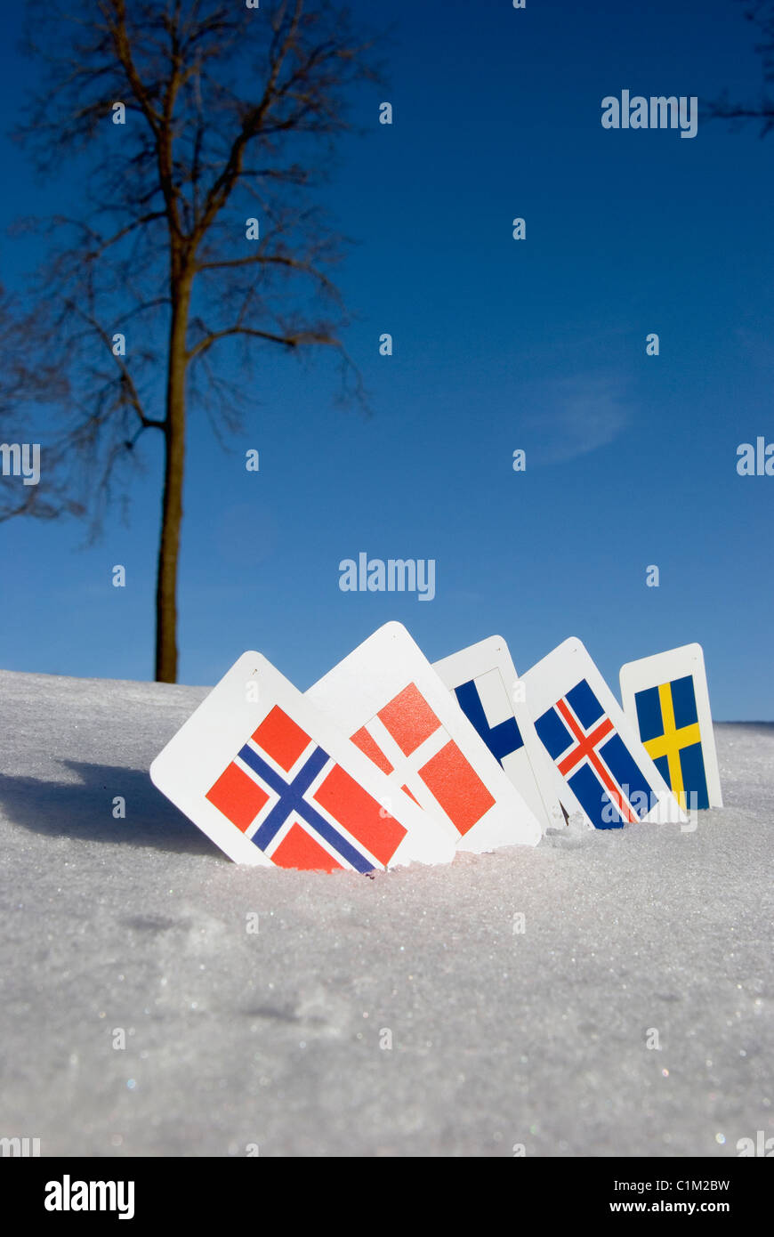 Nordic Europe country cards symbols on snow Stock Photo - Alamy
