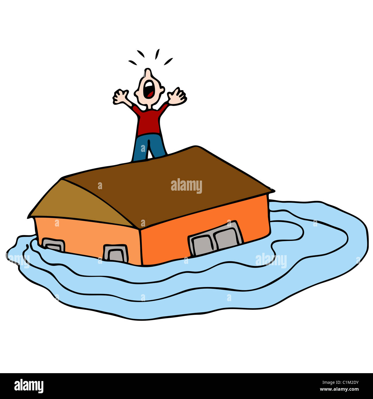 An image of a man on the roof of his flooded house screaming for help ...