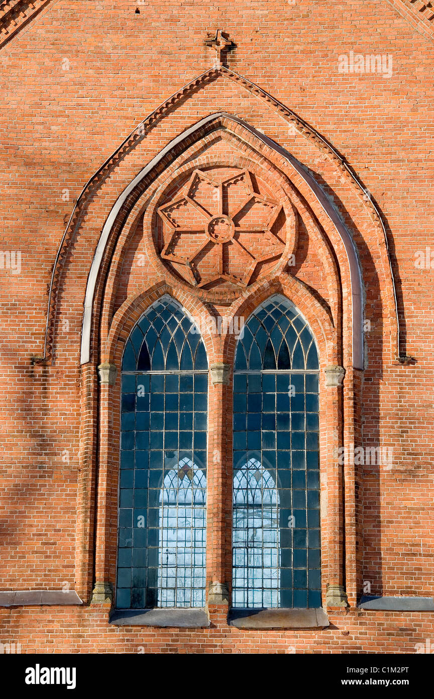 original vintage Christian church window and red brick background Stock ...