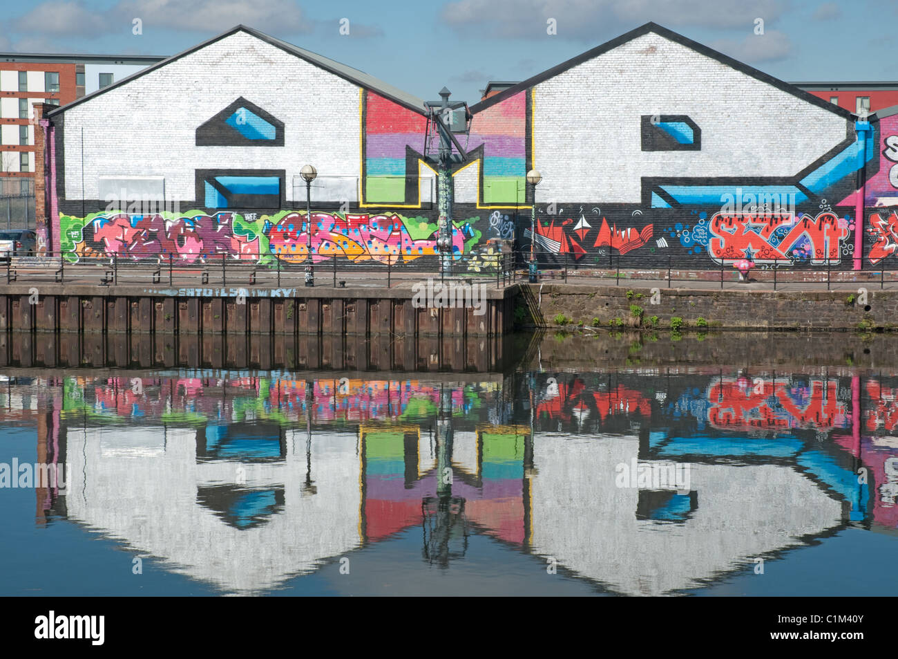 Graffiti covered walls on the banks of the River Irwell,Salford Stock ...