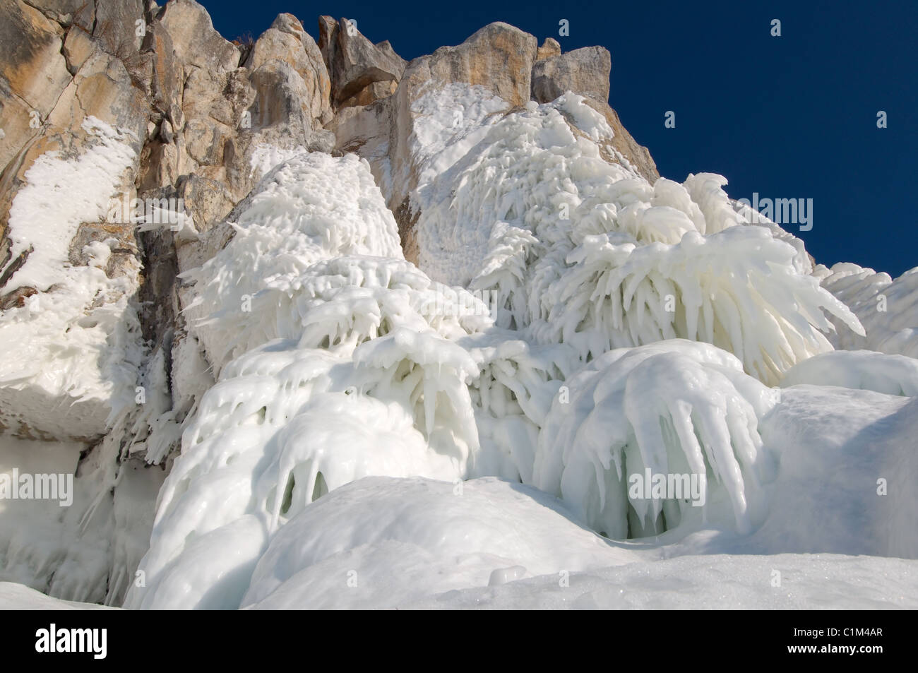 Icicle on the rock. Olkhon island, Baikal lake, Siberia, Russia Stock ...