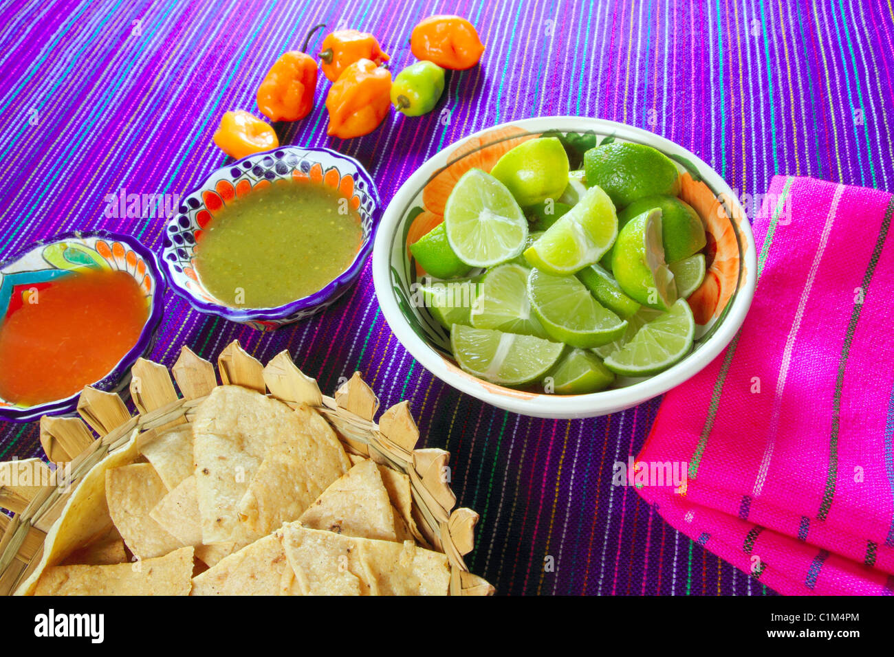Mexican food varied chili sauces nachos lemon Mexico flavor Stock Photo ...