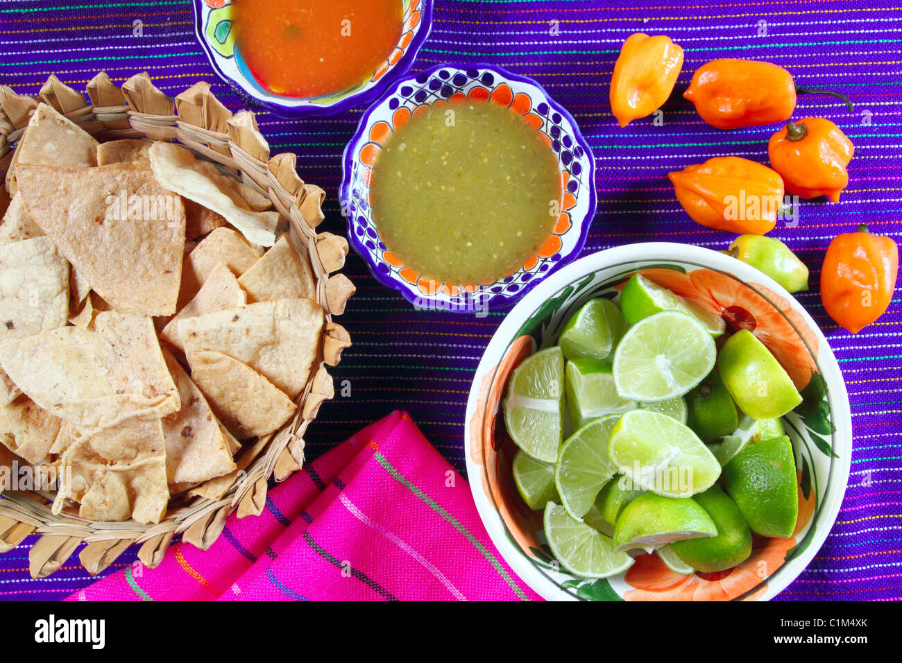 Mexican food varied chili sauces nachos lemon Mexico flavor Stock Photo ...