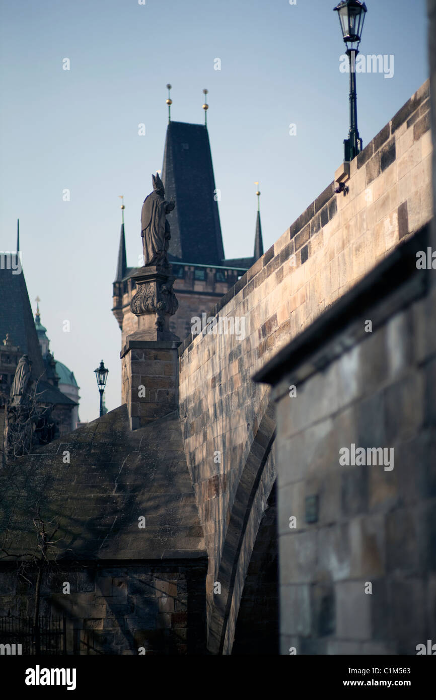 View from under at the Karlov (Charles) bridge in Prague in color Stock ...
