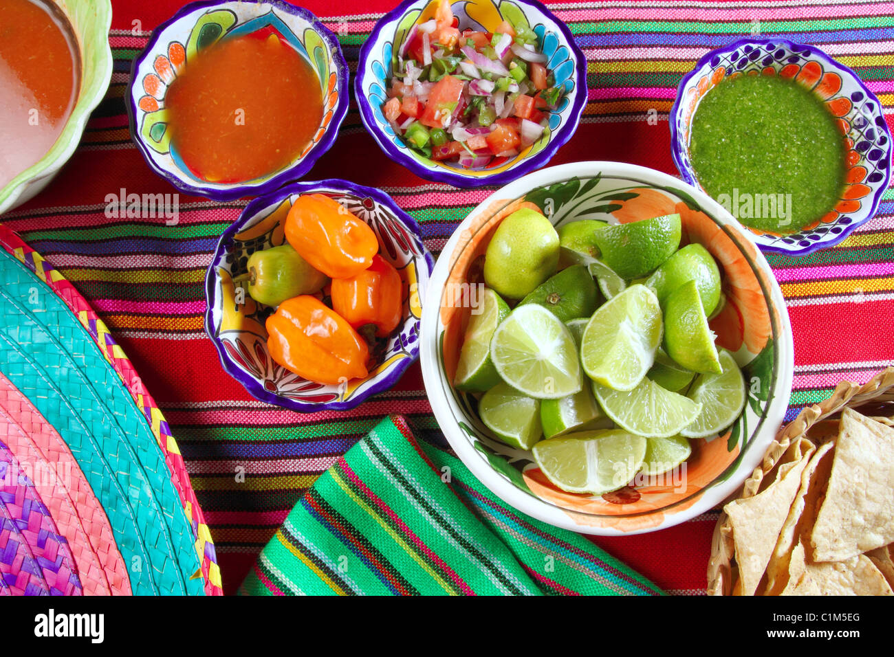 Mexican food varied chili sauces nachos lemon Mexico flavor Stock Photo ...